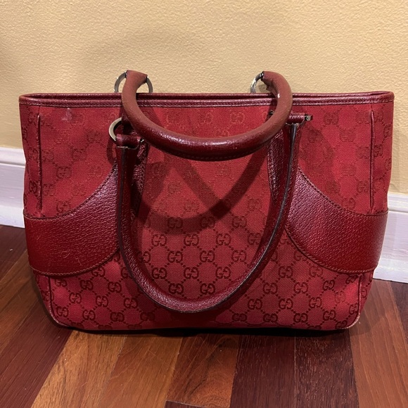 Gucci | Bags | Authentic Gucci Red Fabric Logo Handbag With Leather ...